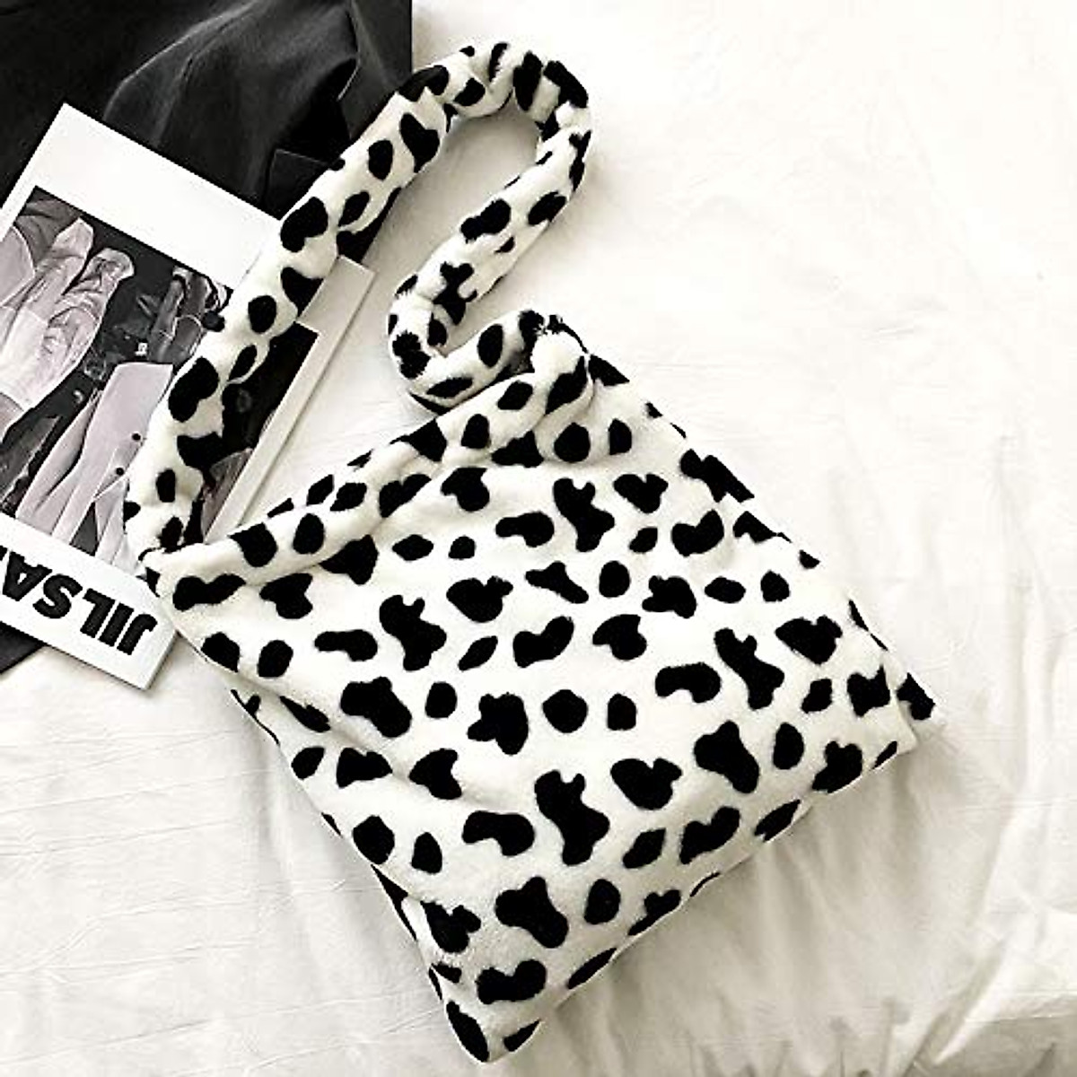 Women Leopard Print Shoulder Bag Fluffy Plush Clutch Faux Fur Handbag Tote Bag (Cow)