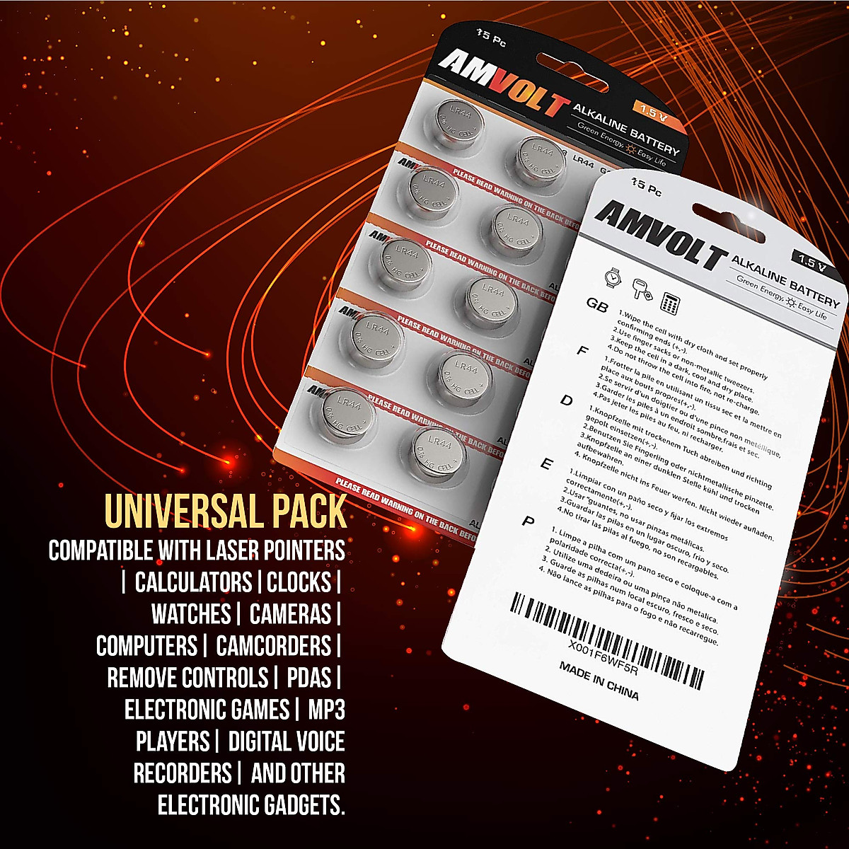 AmVolt- Pack of 15 LR44 Batteries AG13 SR44 357 303 Premium Alkaline Non Rechargeable Button Battery, 1.5 Volt Small Batteries for Watches Clocks & Electronic Devices