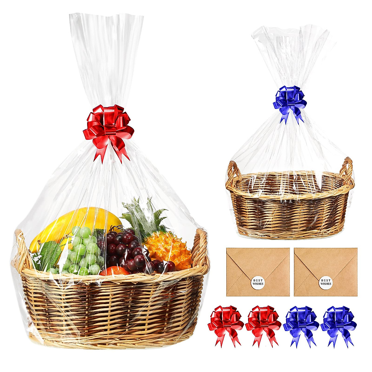 Maitys 2 Sets Basket for Gifts Empty Bulk Woven Wicker Empty Gift Baskets with Handles Clear Gift Bags Kraft Cards Pull Bows Gift Basket Kit Supplies to Fill for Wedding Birthday Party Gift Wrapping