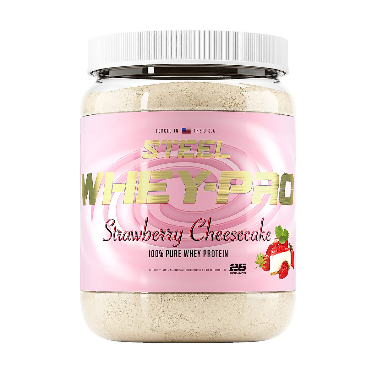 Steel Supplements Whey-Pro | 100% Pure Whey Protein Powder for Men and Women | Strawberry Cheesecake | Muscle Gain & Lean Muscle Recovery | Gluten Free | 1.65 lbs | BCAA 5g | Non-GMO | 25 Servings