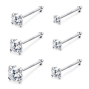 Sllaiss 6 Pcs 20G Nose Ring Studs 925 Sterling Silver Nose Piercings Set for Women 1.5mm 1.8mm 2mm 2.5mm 2.8mm 3mm Body Jewelry
