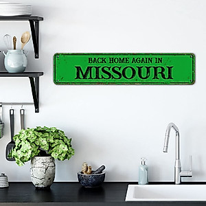 Gate Home Décor Metal Signs Outdoor Back Home Again in Missouri Decorative Gifts Posters USA American State Outline Customized Metal Plaque for Pubs Club Front Door Terrace Wall Décor 4x18in