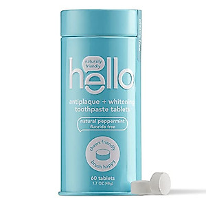 hello Antiplaque & Teeth Whitening Eco Friendly Travel Toothpaste Tablets, Natural Peppermint Flavor, Fluoride Free, TSA Compliant, Vegan, SLS Free, Plastic-Free, 60 Tablets
