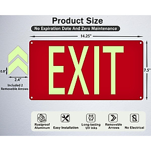 (2 Pack) Photoluminescent Exit Sign Red - with Removable Directional Arrows, With strong self adhesive tape, 14.25 x 7.5 Inches Heavy Duty Aluminum Signs, Fade Resistant