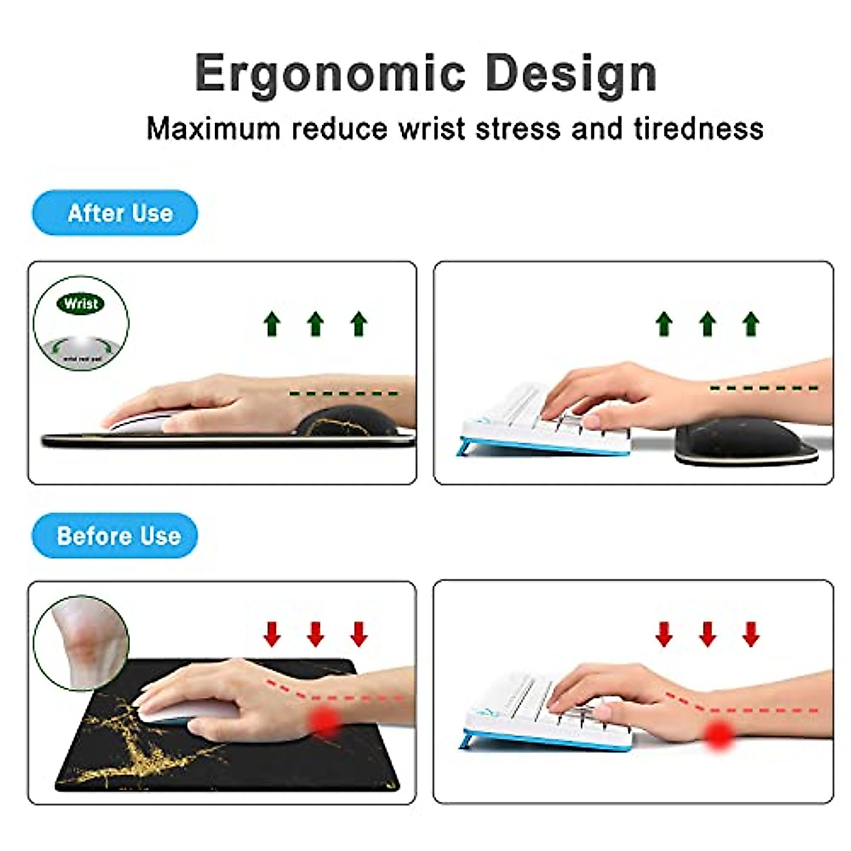 Keyboard Wrist Rest Memory Foam Ergonomic Mouse Pad with Computer Wrist Support Set with Non-Slip Rubber Base Coaster for Home, Office Easy Typing and Pain Relief - Black Marble