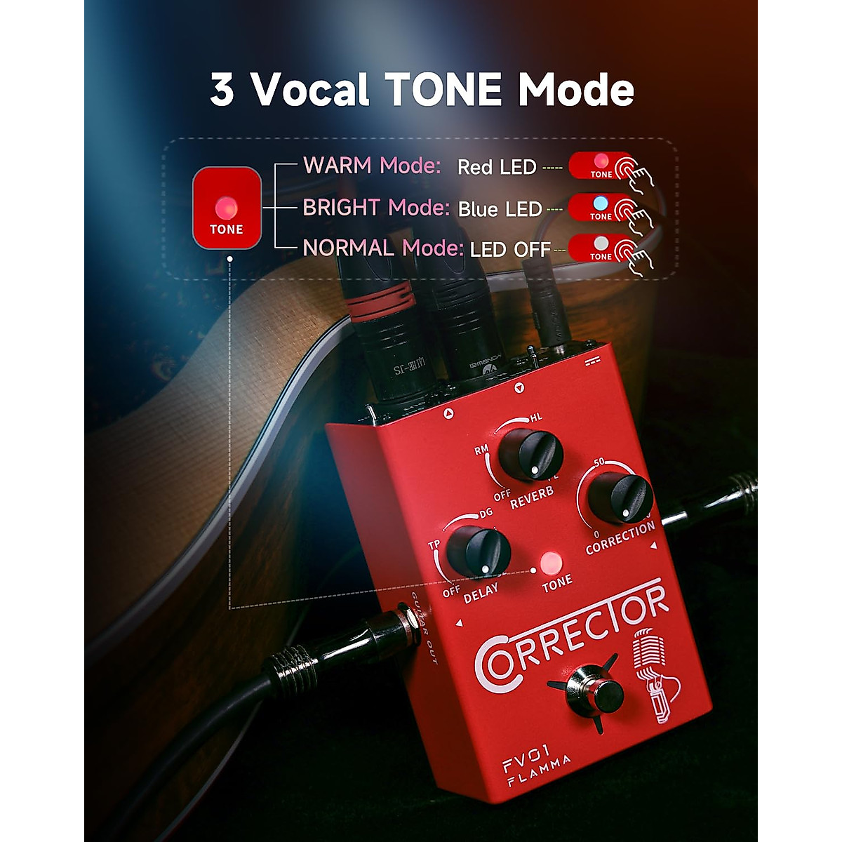 FLAMMA FV01 Vocal Effects Processor Pitch Correction Voice Pedal Vocal Stompbox Microphone Amplifier for Singer Live Singing Streaming Recording with Delay Reverb Acoustic Guitar Playing