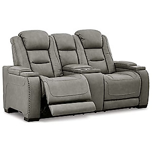 Signature Design by Ashley The Man-Den Leather Power Reclining Loveseat with Center Console, Adjustable Headrest & Wireless Charging, Gray