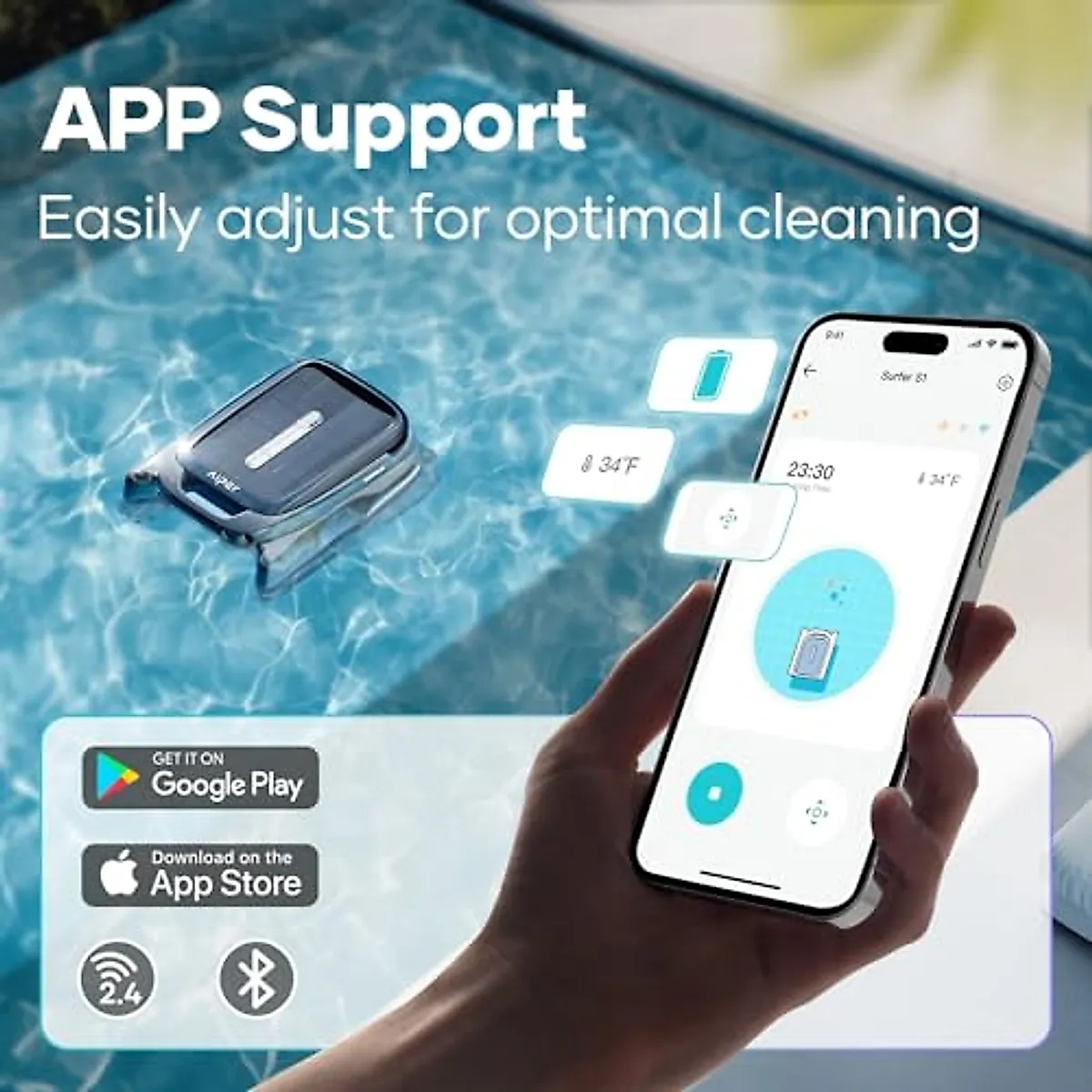 AIPER Solar Pool Skimmer Pool Surface Cleaning Robot with APP Support, Solar Powered and DC Charging for Continuous Cleaning, Pool Temperature Monitor