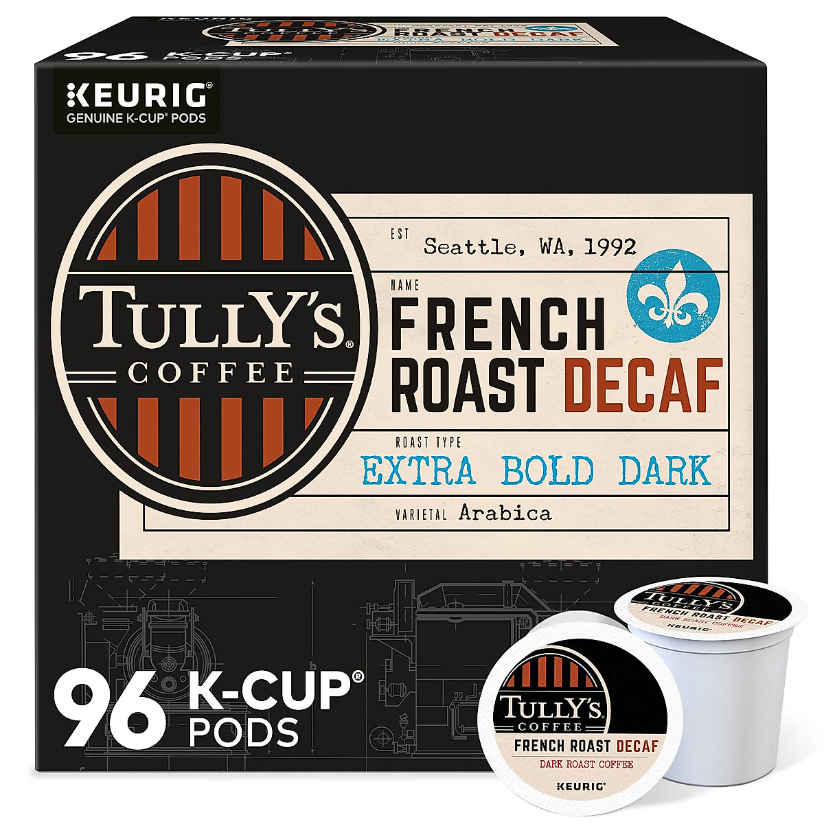Tully's Coffee French Roast Decaf, Single-Serve Keurig K-Cup Pods, Dark Roast Coffee Pods, 96 Count, 24 Count (Pack of 4)