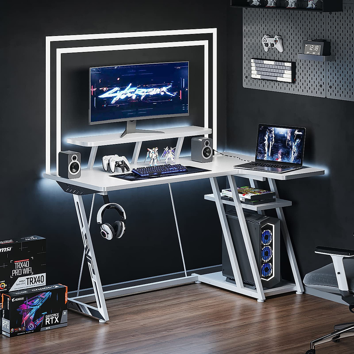 MOTPK Gaming Desk L Shaped, Small Corner Desk with Storage Shelf & Power Outlets, Computer Desk with Monitor Shelf, L Shaped Desk with Carbon Fiber Surface, Gamer Desk Gaming Table, White, 47 Inch