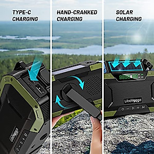 Emergency Radio Waterproof Bluetooth Speaker,Portable Digital AM FM Radio with Flashlight,Reading Lamp,Hand Crank NOAA Weather Radio with Solar Panel,5000mAH Cell Phone Charger,Emergency Survival Kit