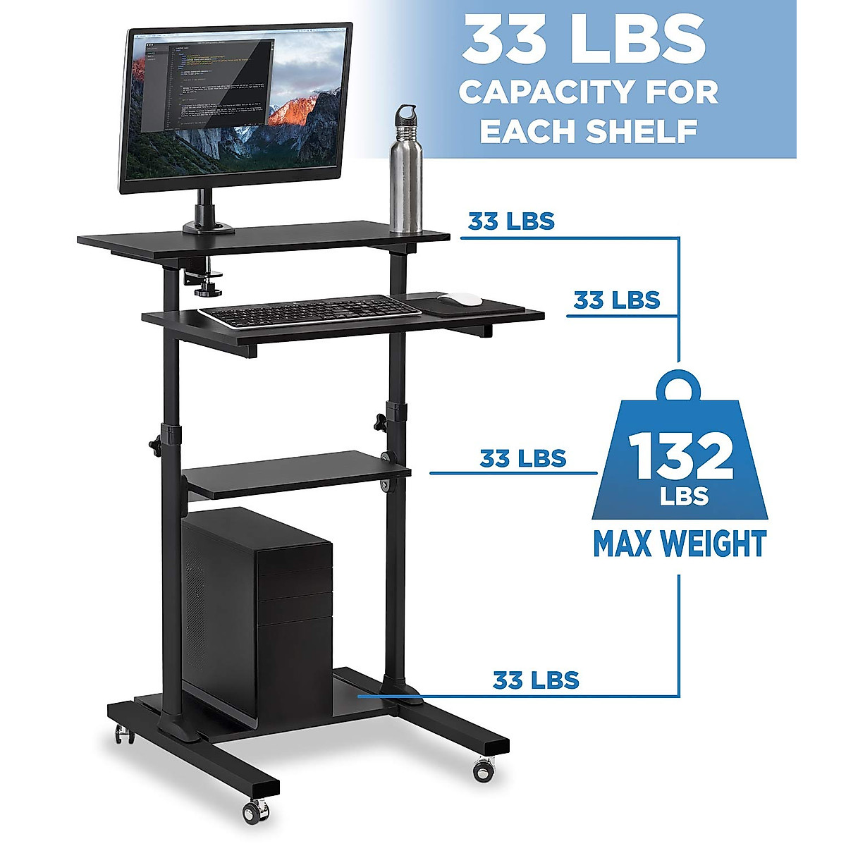 Mount-It! Mobile Standing Desk/Height Adjustable Stand Up Computer Work Station | Rolling Presentation Cart with 27.5 Inch Wide Platform, Locking Wheels
