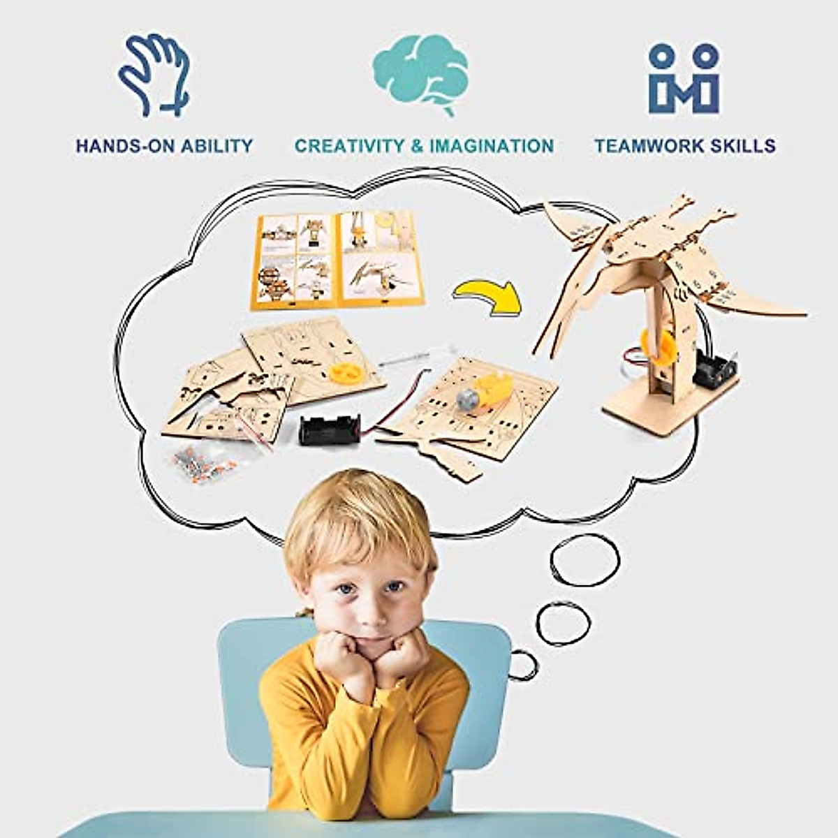 STEM Projects Kits for Kids Age 8-10-12, 4 in 1 3D Wooden Puzzles Dinosaur Craft for 6-8, Building Toys for Boys Ages 8-12, Wood Woodworking Model Kits, DIY Dino Robot Kit