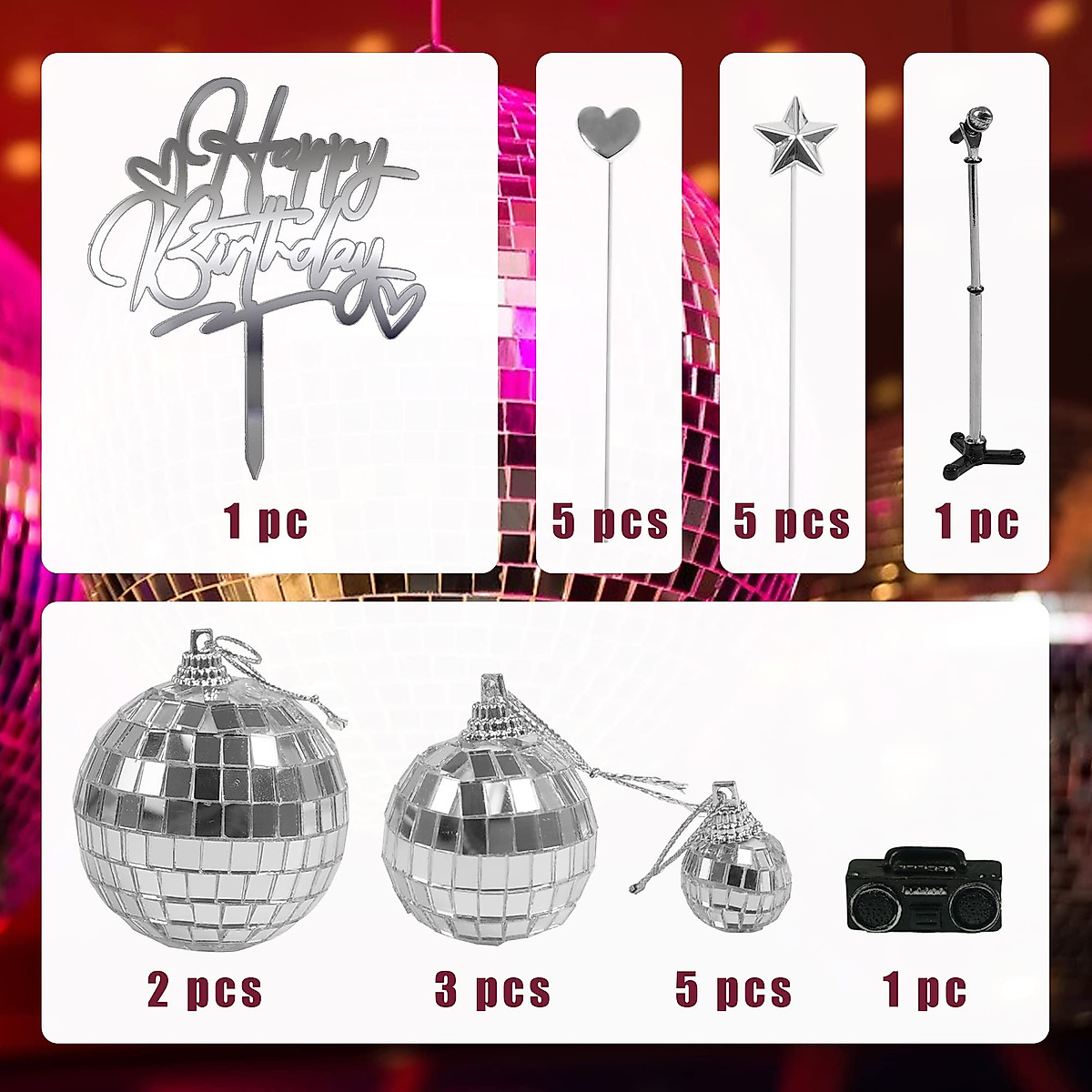 23PCS Disco Ball Cake Toppers 70's Disco Theme Cake Decoration Set with DJ Bling Silver Mirror Balls Centerpiece and Mini Microphone Radio Toy Decor for Women Men 1970s Dance Birthday Party Supplies