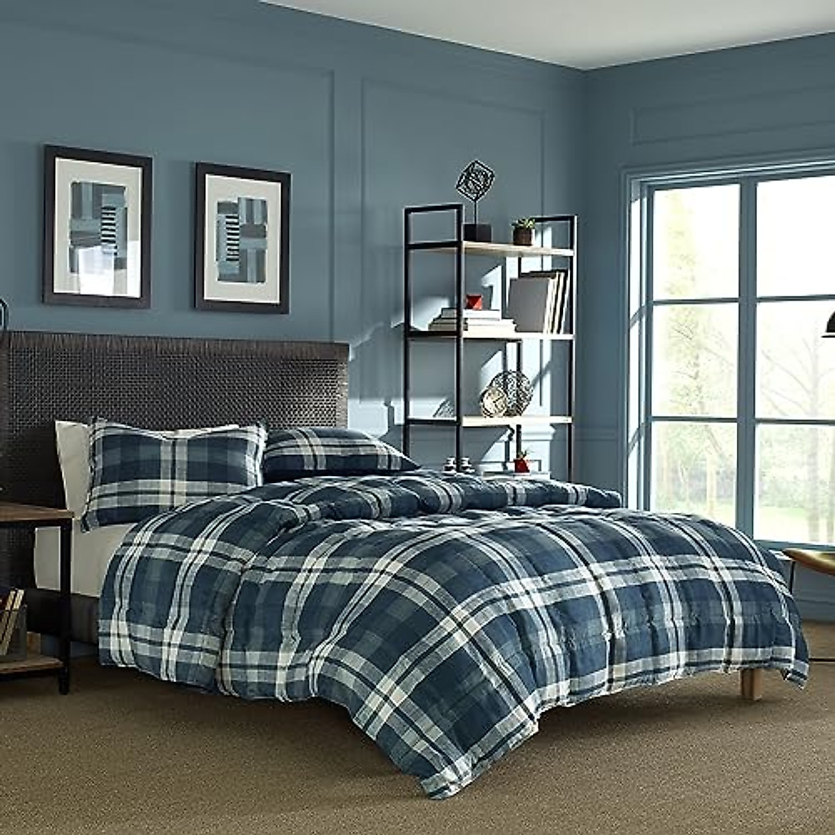 Nautica Home Ultra Soft & Cozy Microsuede Reversible Plaid Quilted Comforter Matching Shams, 3-Piece Bedding Set, Queen, Navy/Blue/White