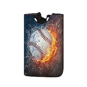 ALAZA Large Laundry Basket Fun Sports Baseball Water Fire Laundry Bag Hamper Collapsible Oxford Cloth Stylish Home Storage Bin with Handles, 22.7 Inch