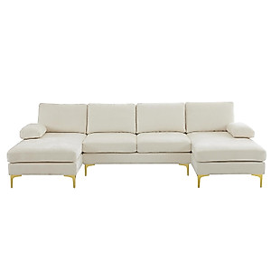VINGLI 110" Large U-Shape Sectional Sofa Couch with 51" D Double Chaise for Living Room, Modern Sectional Couch Set with Soft 5.9" Thickness Seating Padding, Chenille Fabric,Metal Gold Legs(Beige)