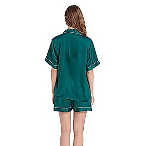 Mergorte Womens Silk Satin Short Sleeve Button-Down Sleepwear Loungewear Pajamas Set DarkGreen M