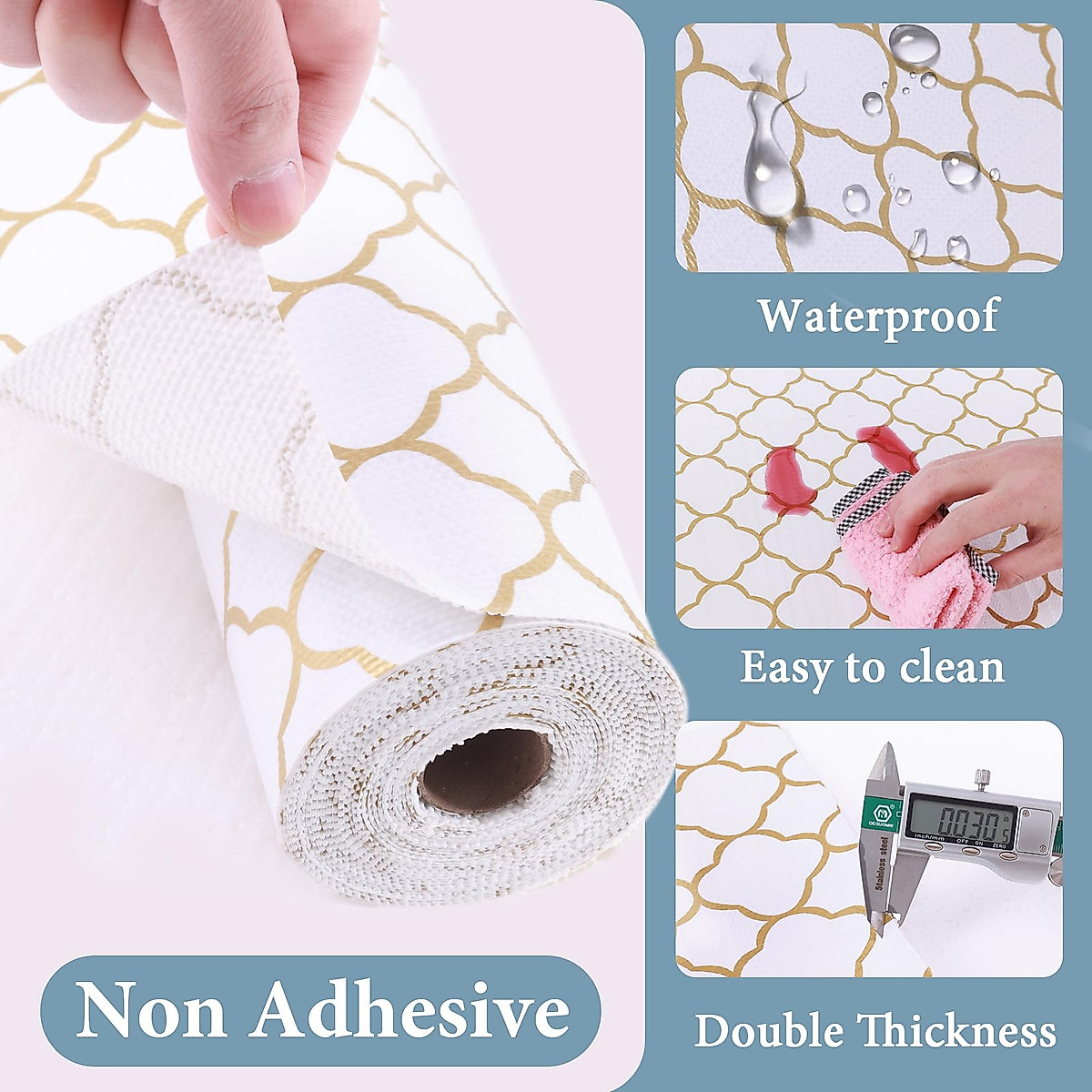 Shelf Liners for Kitchen Cabinets 12in x 20FT Non Adhesive Drawer Liner Gold Quatrefoil Thickened Shelf Liner Paper Strong Non-Slip Easy to Clean for Tool Box Refrigerator with Knife and Tape Measure