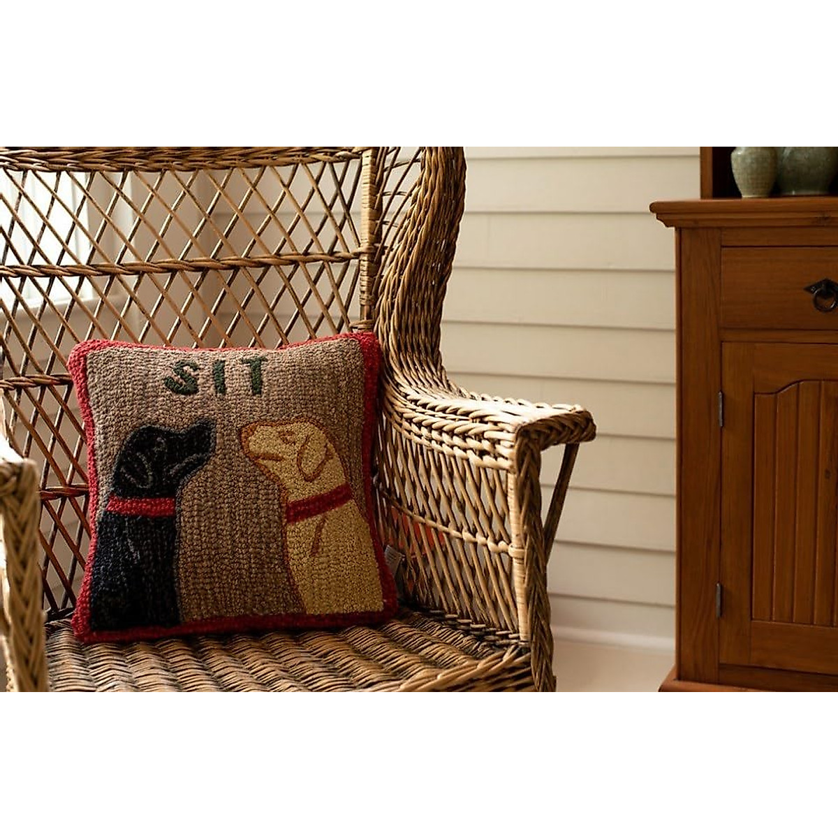 Chandler 4 Corners Artist-Designed Two Dogs Sitting Hand-Hooked Wool Decorative Throw Pillow (18” x 18”) Dog Pillow for Couches & Beds - Easy Care & Low Maintenance- Yellow, Black Lab Throw Pillow