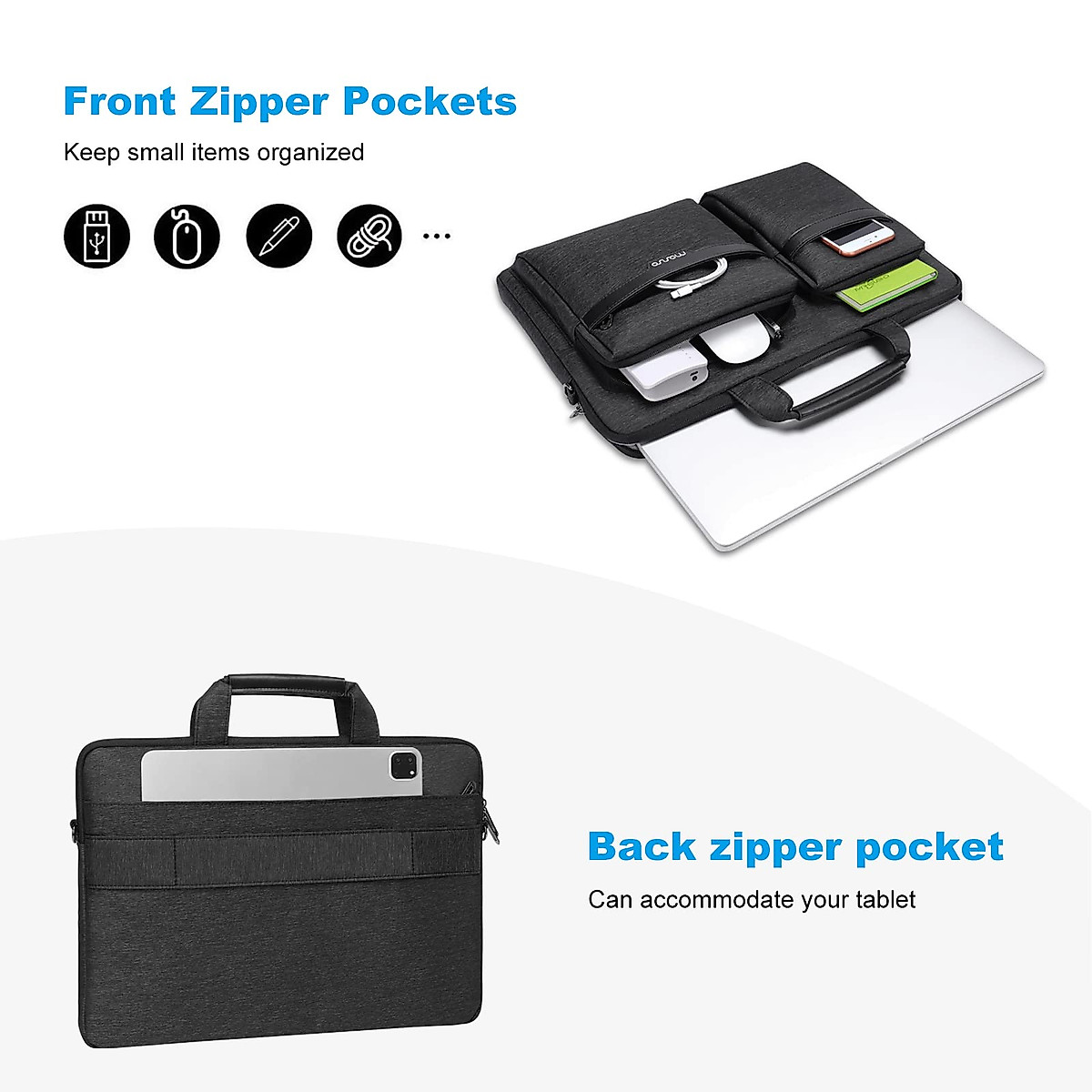 MOSISO Laptop Shoulder Bag,15 inch Computer Bag Compatible with MacBook, HP, Dell, Lenovo, Asus Notebook,15.6 inch Laptop Sleeve with 2 Raised Zipper Pockets & Hidden Pockets & Handle & Belt,Black