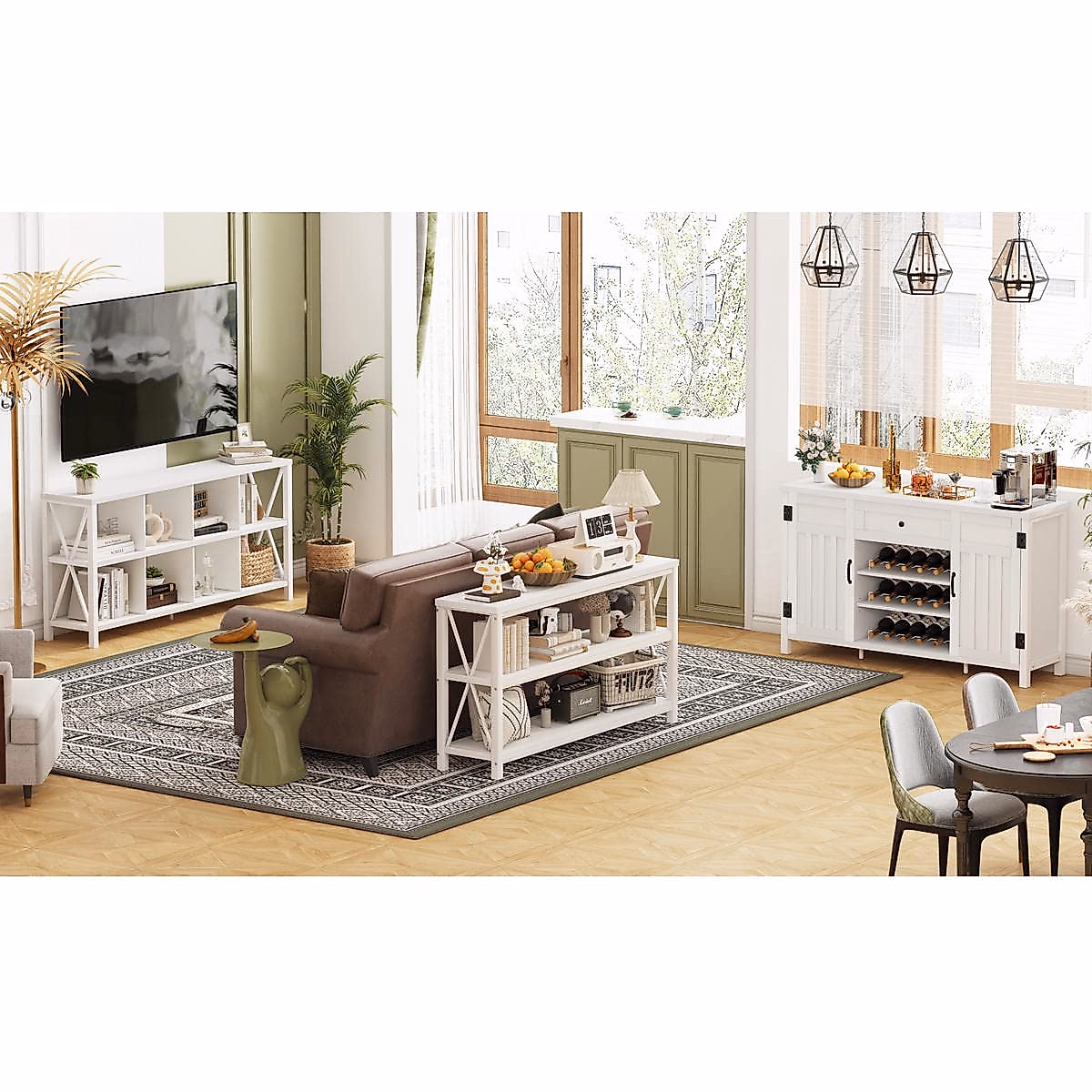 FATORRI 8 Cube Storage Organizer Bookshelf, Rustic Wood Cubby Bookcase, Industrial Horizontal Long Shelf for Living Room (White Oak, 62 Inch)