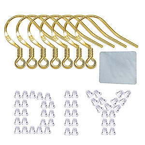 Gold Fishhook Earring Hooks - 120 PCS/60 Pairs 18K Gold Hypoallergenic Ear Wires Fish Hooks for Jewelry Making, Jewelry Findings Parts with 120 PCS Rubber Earring Backs Stopper for DIY Earrings