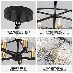 Modern Chandeliers for Dining Room, 5-Light Black Luxury Water Ripple Glass Chandelier Round Lighting for Dining Room Kitchen Living Room Bedroom Bar Table