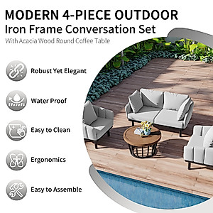Merax 4-Piece Outdoor Patio Furniture Set with Acacia Wood Round Conversation Coffee Table, Comfy Loveseat and 2 Armchairs, Outside Sectional Sofa & Solid Iron Frame for Backyard, Poolside, Gray