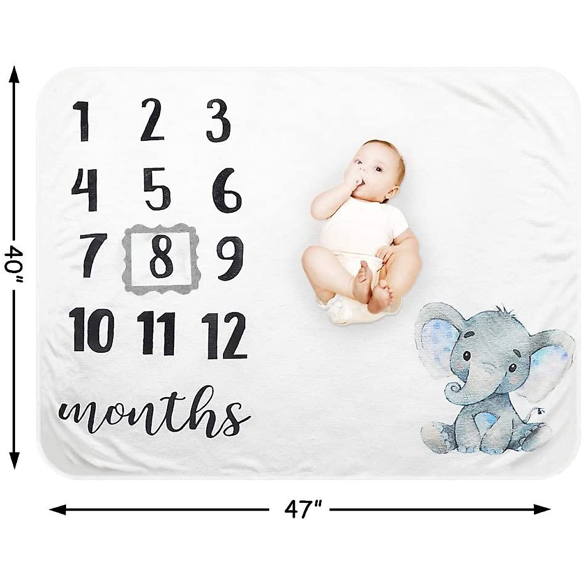 Baby Monthly Milestone Blanket - Organic Plush Fleece Photography Background Prop for Boy Girl Newborn Soft Elephant Blanket with Frame Large 47''x40''