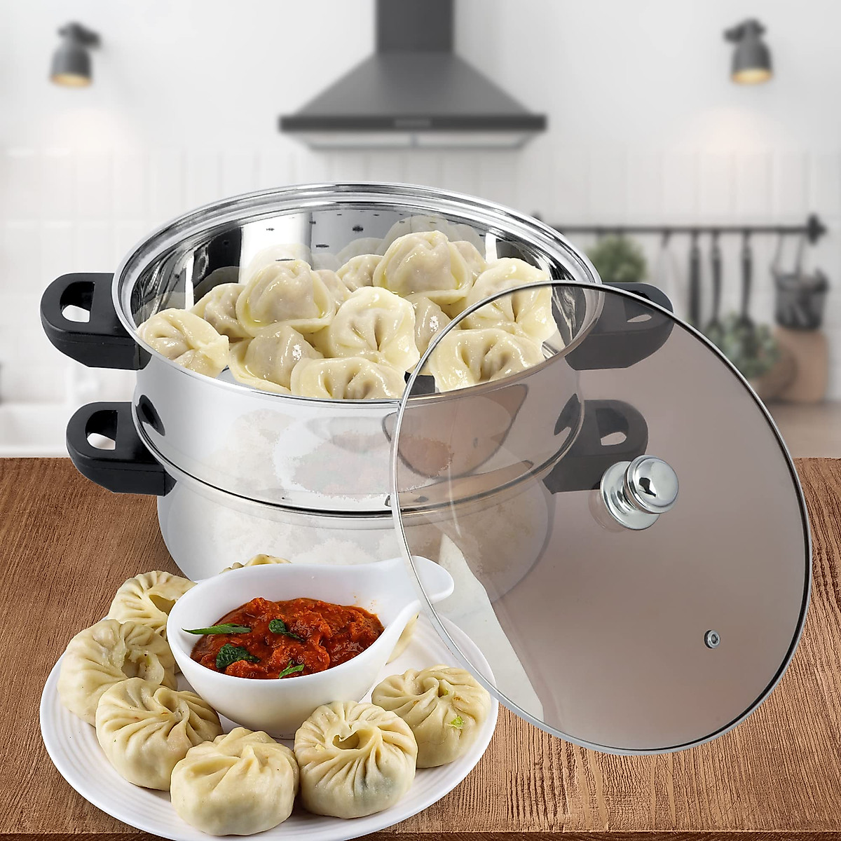 KSJONE Heavy Duty Stainless Steel 3 Piece Steamer Pot Set Includes 4 Quart Cooking Pot, 4 Quart Steamer Insert and Vented Glass Lid, Stack and Steam Pot Set for All Cooking Surfaces