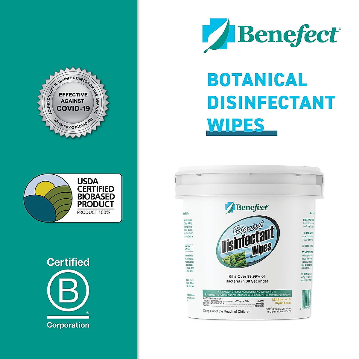 Benefect Botanical Disinfecting Wipes - (250 Wipe Count) Natural, No Residue - Antibacterial Disinfectant, Multi-Surface Cleaning and Sanitizing Wipes