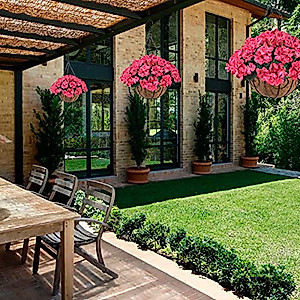 ZFProcess Artificial Flowers Hanging Basket with Begonia Silk Flowers for Outdoor/Indoor, Artificial Plants in Coco Coir Liner Basket Artificial Geranium Flowers for Patio Lawn Garden Decor(Rose Red)