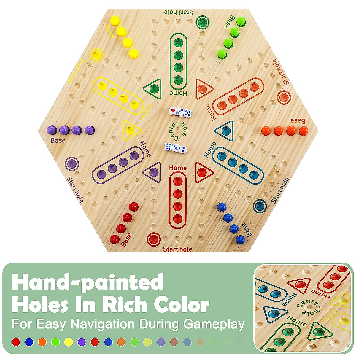 Kathfly Marble Board Game Wooden Wahoo Board Game Double Side Painted Board Game with 6 Colors 36 Marbles 6 Dice for Adults Family Night Game, 6 and 4 Player (Hexagonal)