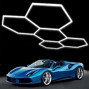 Qiandenghui Hexagon LED Ceiling Light for Garage, Super Bright 6000K 125W Daylight White LED Honeycomb Lighting Kit, Linkable Light for Garage Car Shop Workshop Warehouse(5-Hex)