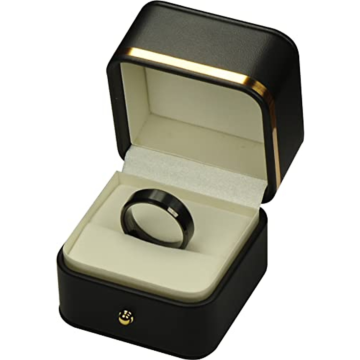Ring Box for Wedding Proposal Engagement for Men Women Luxury Soft Touch Premium Black Color PU Leather Ring Jewelry Gift Holder Box with Elegant Gold Trim and Gold Button Design Ring Gift Box