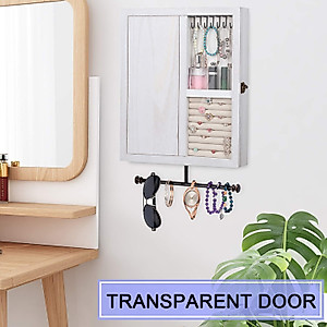 Keebofly Wall Mounted Jewelry Organizer With Rustic Wood Large Space Jewelry Cabinet, Holder, Storage Box for Necklaces, Earrings, Bracelets, Ring Holder, and Accessories White