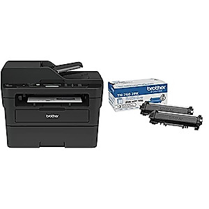 Brother Monochrome Laser Printer with Brother Genuine High-Yield Black Toner Cartridge Twin Pack TN760 2Pk