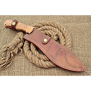 HUNTEX Handmade Hand-Forged Twist Pattern Damascus Steel 15 Inch Long Full Tang Natural Oak Wood Handle Razor Sharp Hunting Camping Kukri Knife w/Genuine Leather Sheath