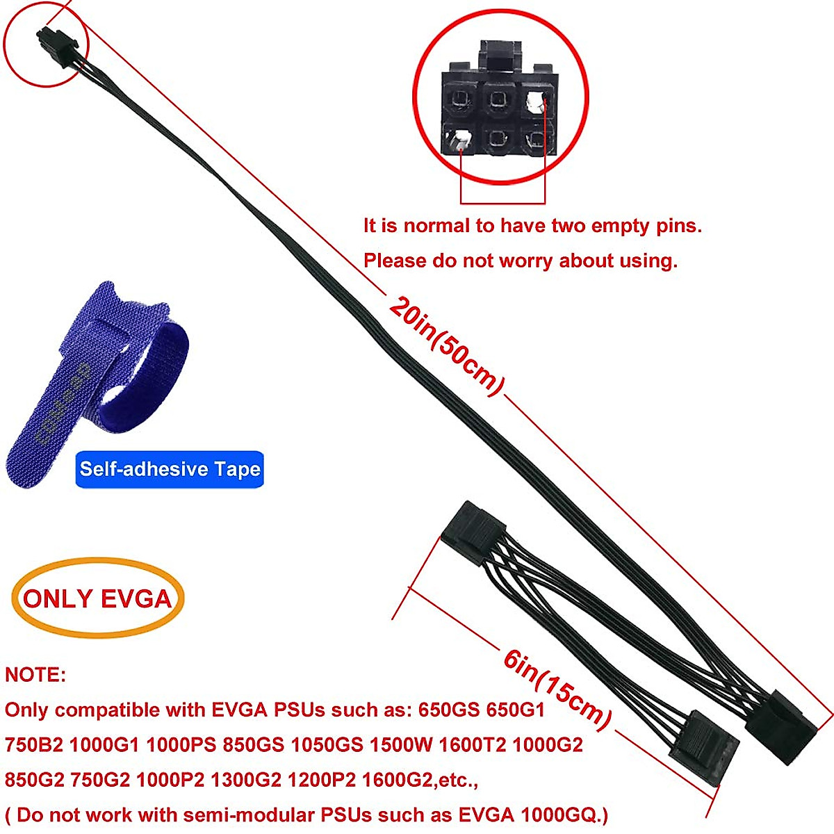 COMeap Molex Power Cable for EVGA PSUs, 6 Pin to 3X 4 Pin Molex Hard Drive Adapter Splitter for Some Specific Types of EVGA Power Supply 20-in(50cm)