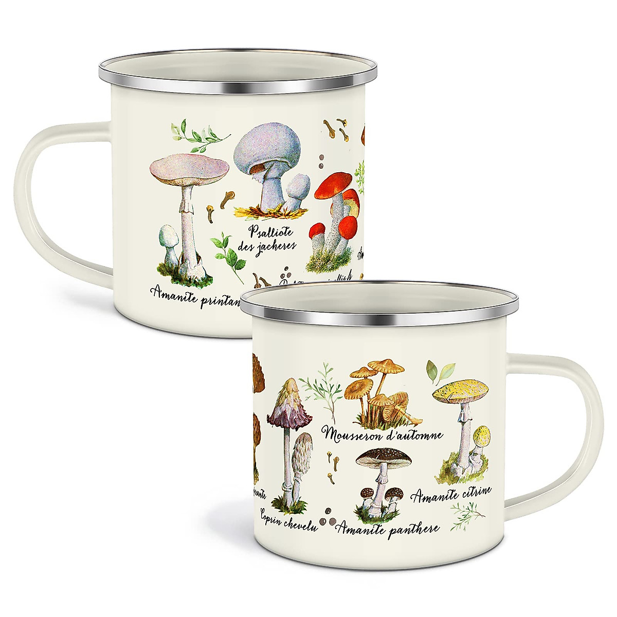 Mushroom Enamel Mug Set 2 Pieces Kawaii Mushroom Cup Mushroom Thank You Gifts Coffee Mug Enamel Camp Mug Cute Mushroom Decor Tin Cup for New Year Gifts Spring Travel Hiking Walking Camping(White)