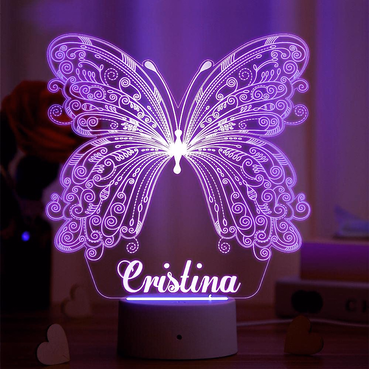 VEELU Butterfly 3D LED Baby Night Light Personalized with Name Christening Gift for Boy and Girl Birth Gift for Girl