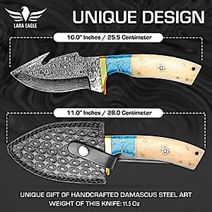 Lara Eagle Damascus Skinner Gut hook Knife, Damascus Handmade Fixed Blade Hunting Knife With Camel Bone and Turquoise Handle, Full Tang Handmade Viking Knife For Men, Best for Hunting/Camping.