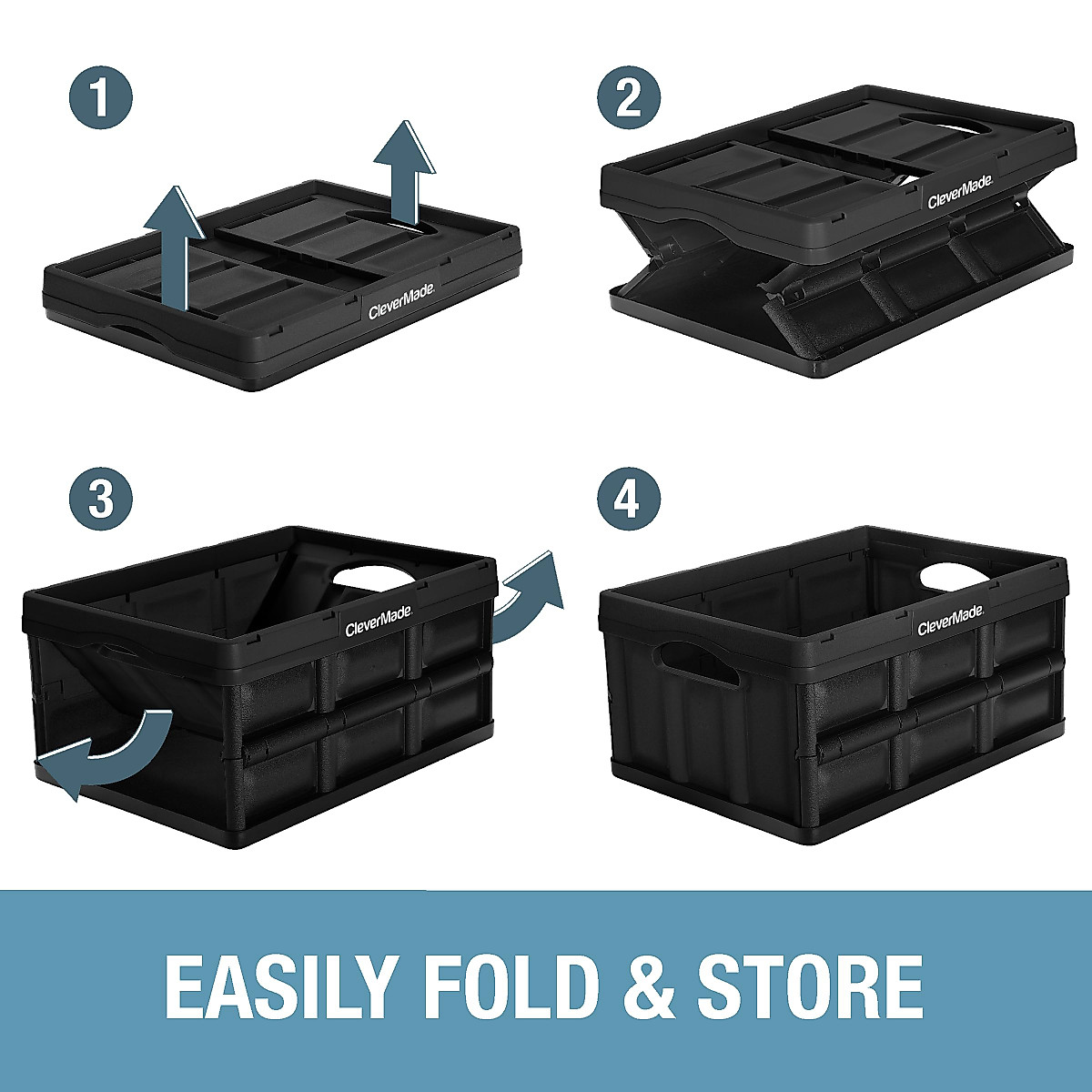 CleverMade Collapsible Storage Bin, Charcoal, 3PK - 32L (8 Gal) Stackable Storage Containers, Holds 66lbs Per Bin - Plastic Storage Bins for Organizing, Closet Storage, Garage Storage