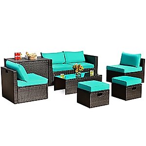 Tangkula 8 Piece Patio Furniture Set, Patiojoy Outdoor Space Saving PE Rattan Sectional Sofa Set for 6 with Waterpfoor Cover, for Garden, Deck, Poolside and Balcony (Turquoise)
