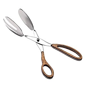 Folkulture Salad Tongs or Tongs for Cooking, Heavy Duty Stainless Steel Kitchen Tongs for Cooking, Grill or Serving Food Bread Dessert, Heat Resistant, 11.5 Inches Metal Tongs, Chrismas Gifts, Wooden
