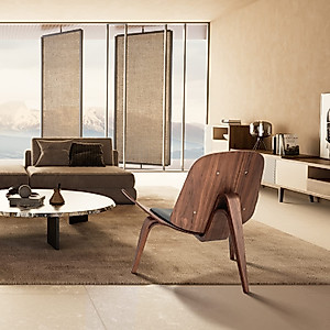 Furgle Mid Century Modern Chair Tripod Design Shell Chair with Black PU Leather Plywood Solid Wood Cute Accent Chair for Living Room, Reading Side Chair for Bedroom, Study, Office