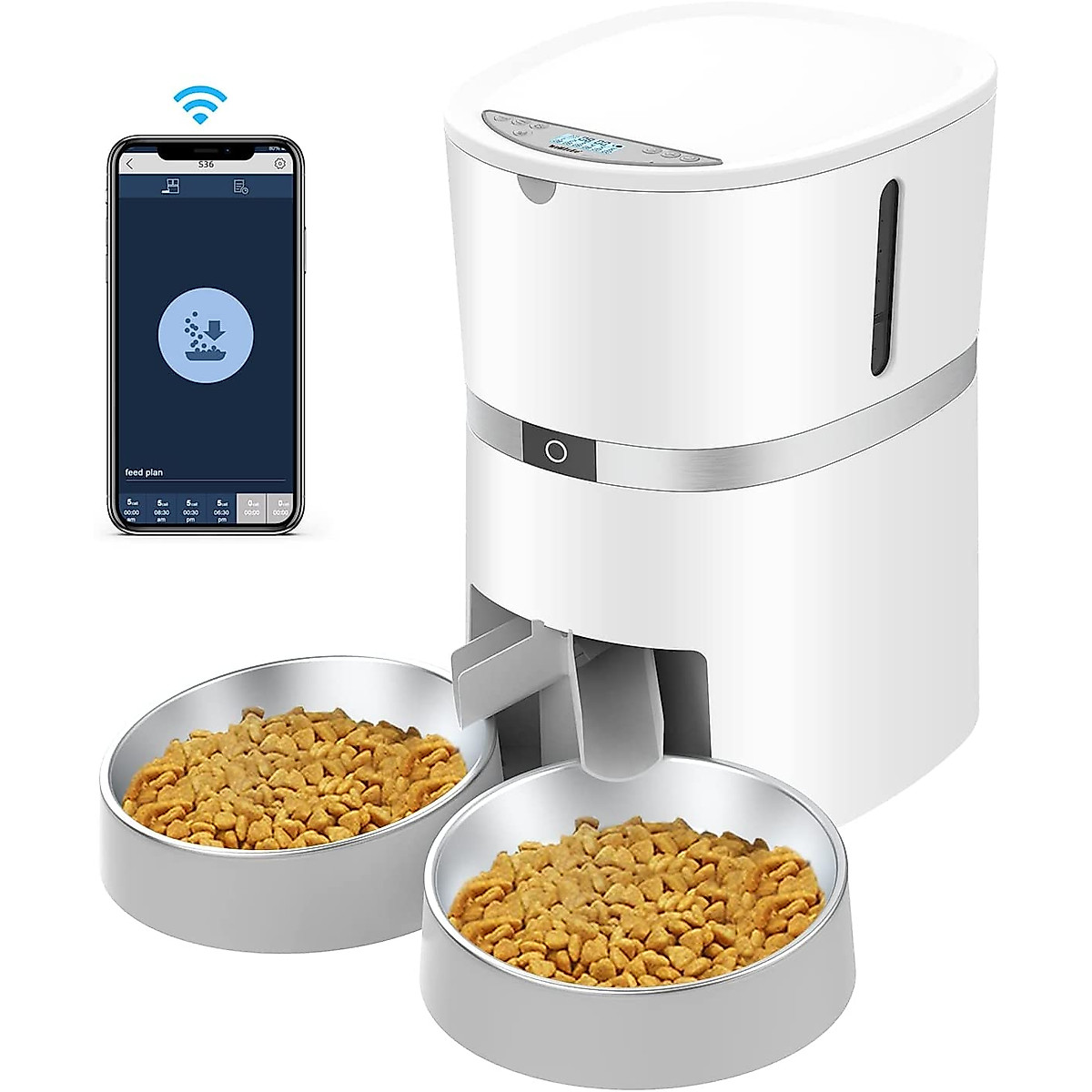 Automatic Cat Feeder, Smart Pet Food Dispenser with APP Control ,WiFi Enabled Automatic Feeder for Dogs, Cats & Small Pets, Double Stainless Steel Bowls,6 Meals Portion Control and Voice Recording