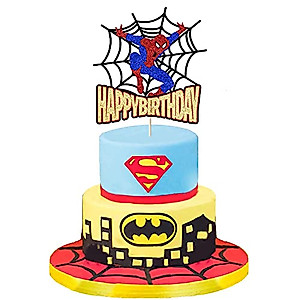 Spider Happy Birthday Cake Topper - Super hero Theme Cartoon Movie Cake Decoration for Kids Party Supplies