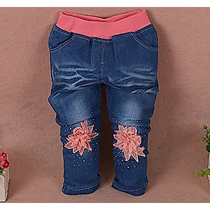 Yao 6M-4Y Infant 3Pcs Baby Girls Clothes Set Toddler Outfits Lace Dress Jacket and Jeans (2-3Y,Flower-Orange)